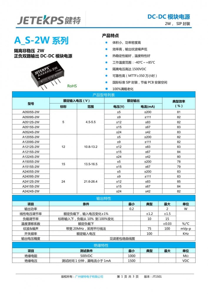 A1212S-2W datasheet page 1