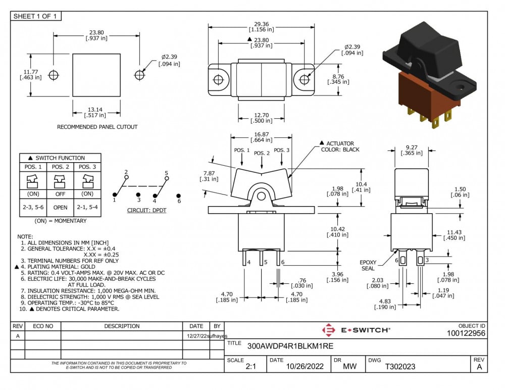 E-Switch 300AWDP4R1BLKM1RE technical drawing