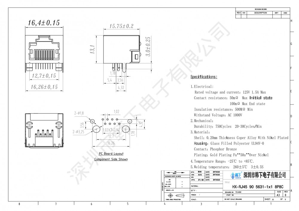 HANXIA HX-RJ45 90 5631-1x1 8P8C technical drawing