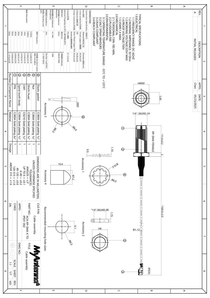 ACA-RP-SMA-K TO IPEX1 002 technical drawing and specification