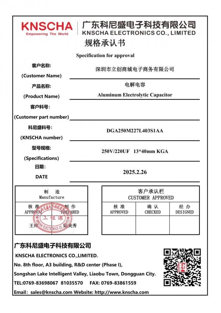 KNSCHA DGA250M227L403S1AA specification approval document page 1