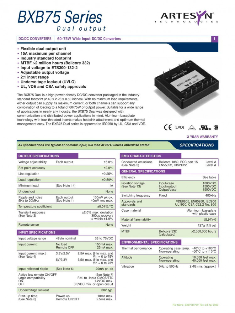 BXB75-48D3V3-2V5FL datasheet page 1