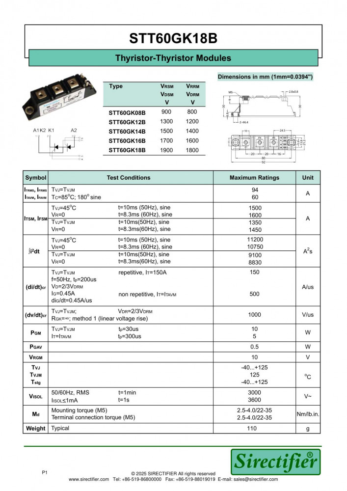 Sirectifier thyristor module datasheet page 1