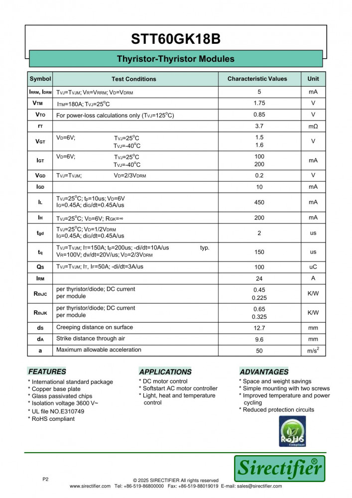 Sirectifier thyristor module datasheet page 2