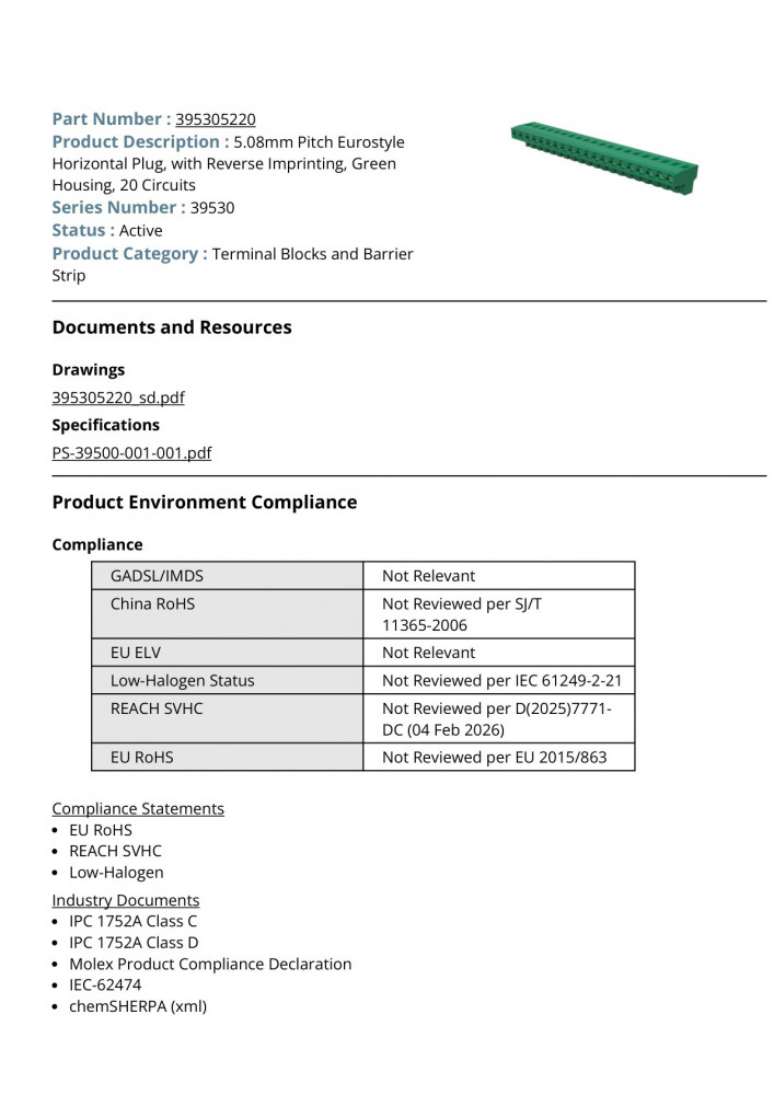 MOLEX 395305220 technical document page 1