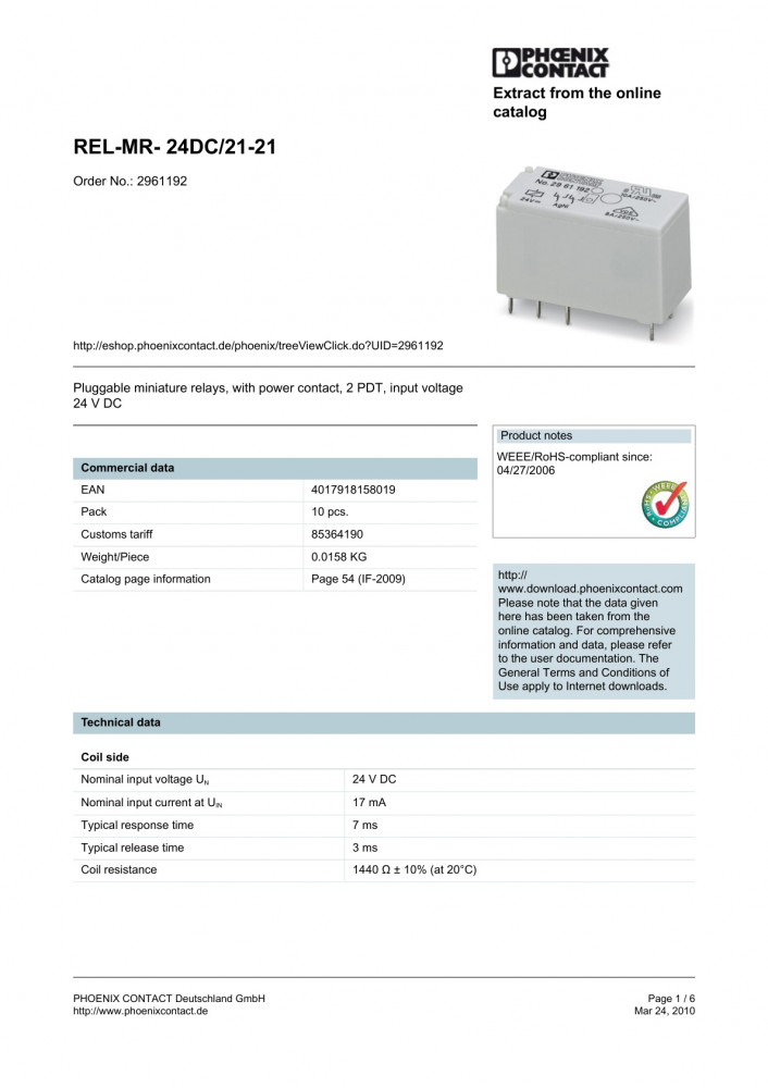 Phoenix Contact 2961192 catalog page