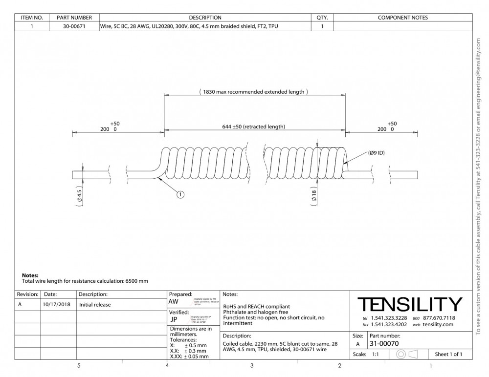 Tensility International 31-00070 cable assembly drawing