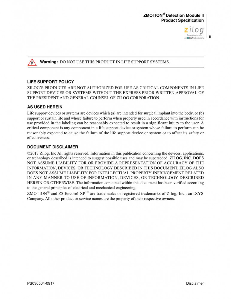 ZMOTION Detection Module II specification, page 2