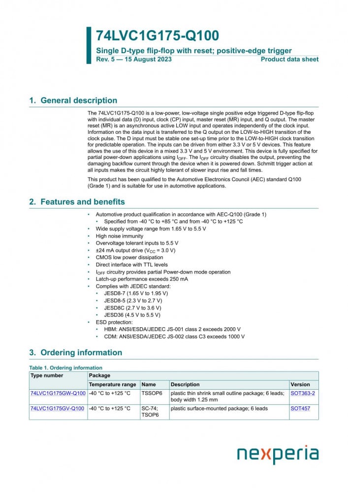 74LVC1G175GW-Q100H datasheet page 1