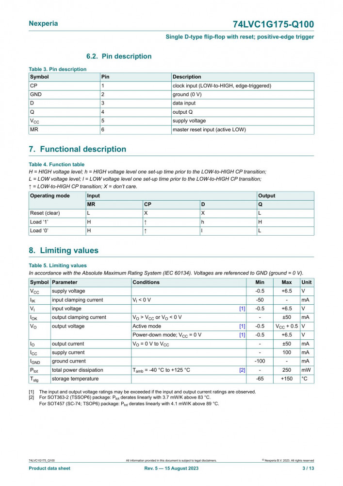 74LVC1G175GW-Q100H datasheet page 3