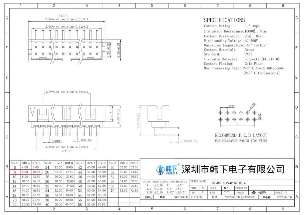 HX JN2.0-2x4P WZ H6.4 technical drawing