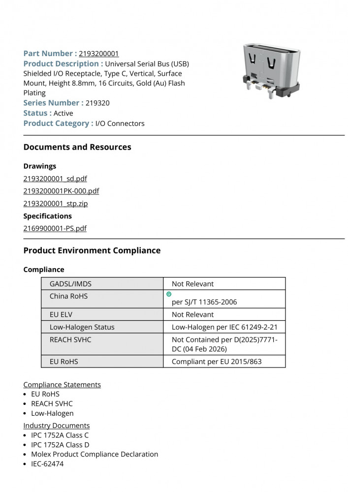 MOLEX 2193200001 technical document page 1