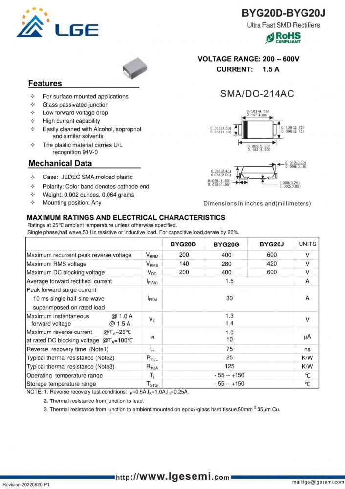 LGE BYG20D datasheet page 1
