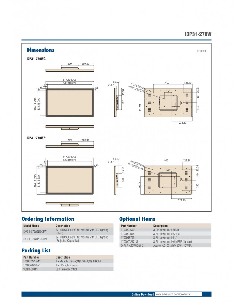 ADVANTECH IDP31-270W product document page 2