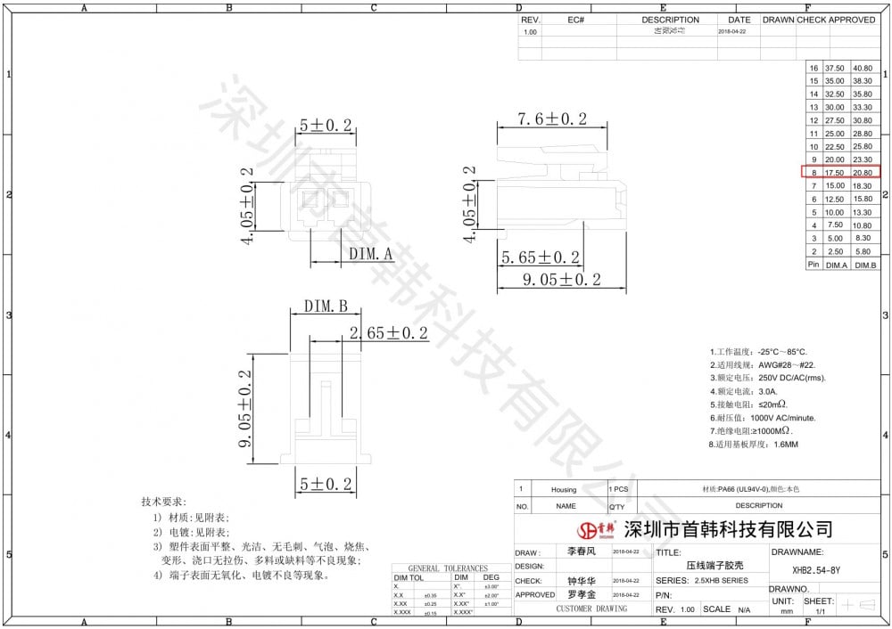 XHB2.54-8Y specification page 1