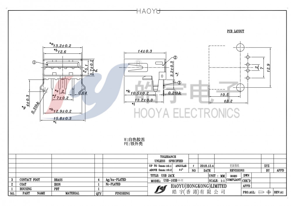 HOOYA USB-103B-W-FE technical drawing and PCB layout