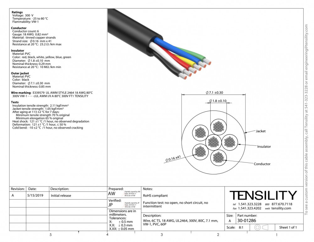 30-01286 product drawing and cable specification sheet