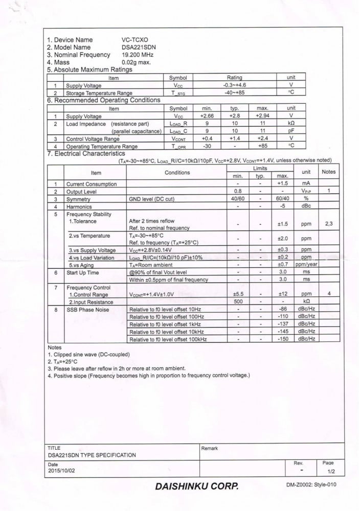 KDS 1XXA19200PCA specification page 1