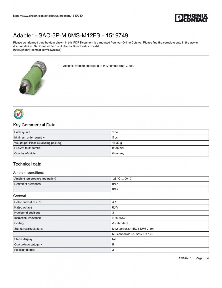 Phoenix Contact 1519749 technical document page 1