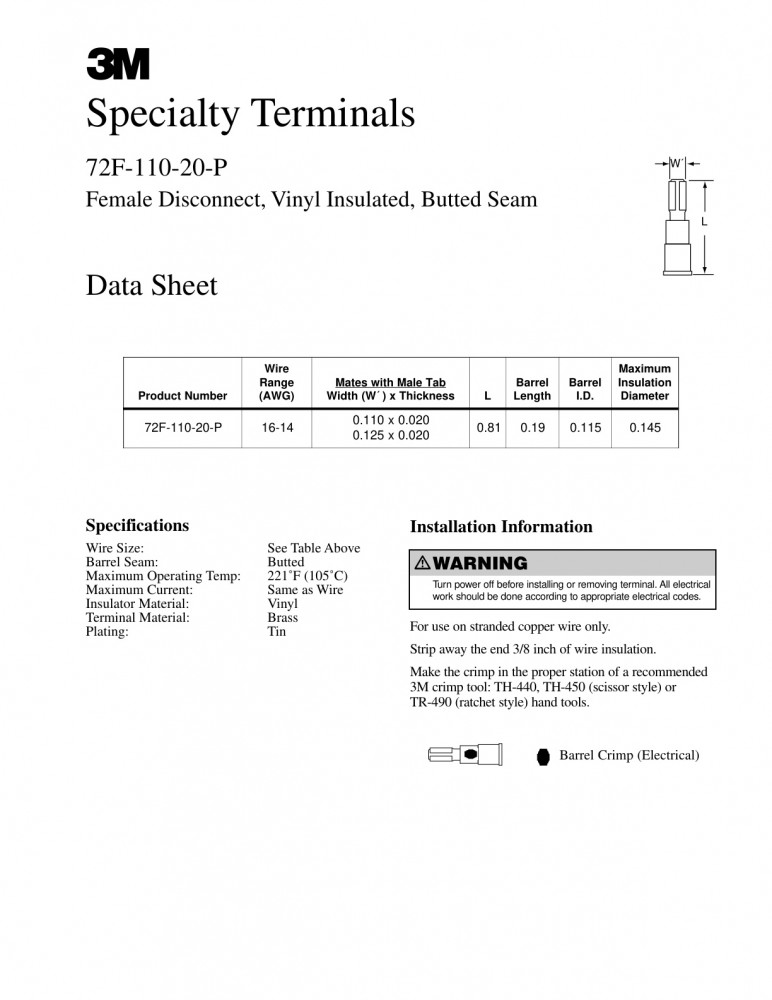 3M 72F-110-20-P-A specialty terminal technical document page 1