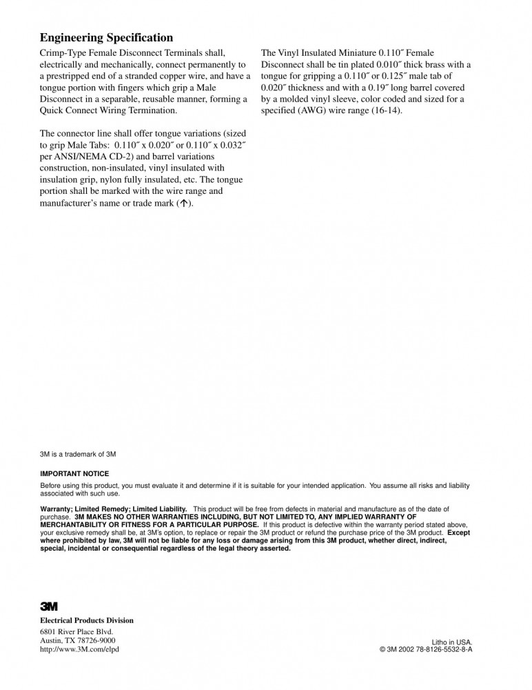3M 72F-110-20-P-A specialty terminal technical document page 2
