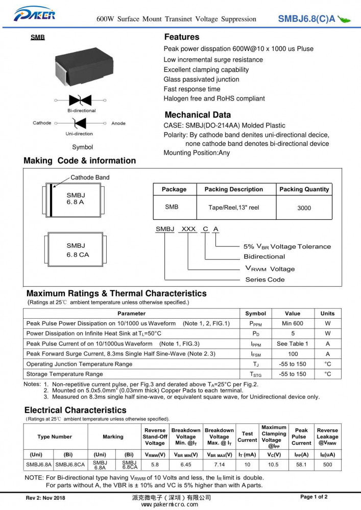 PAKER SMBJ6.8A datasheet page 1