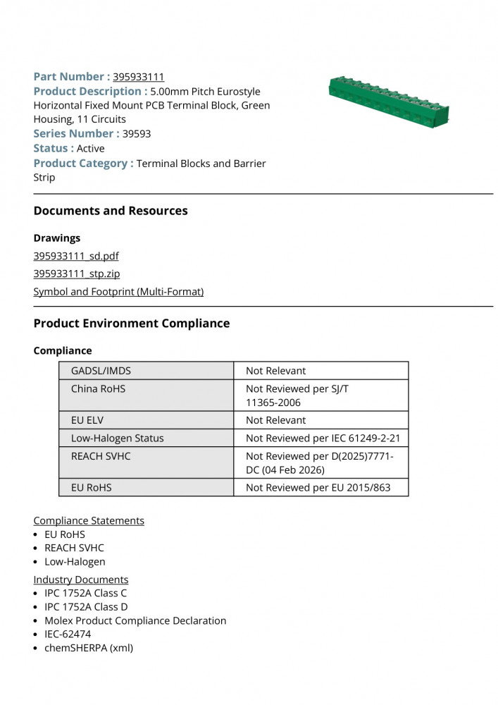 MOLEX 395933111 technical document, page 1