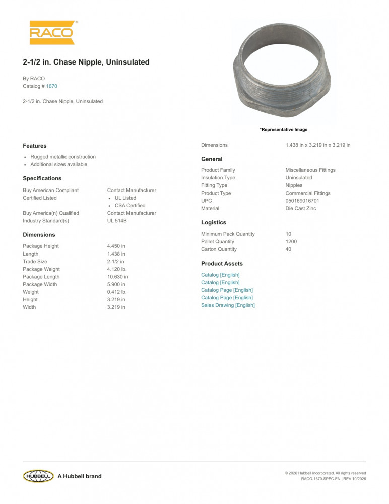 Catalog document image for the 2-1/2 inch uninsulated chase nipple, catalog 1670