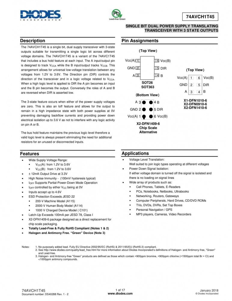 74AVCH1T45W6-7 datasheet page 1