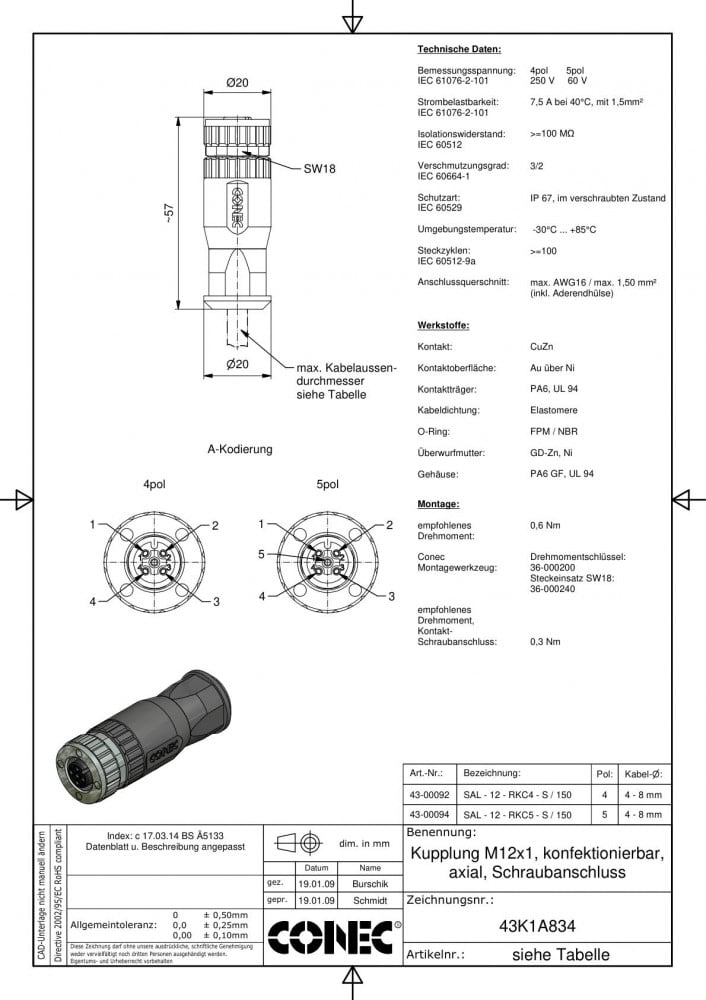 Amphenol 43-00094 technical drawing and specification page