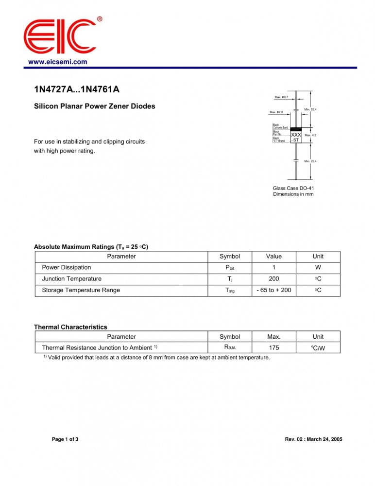 EIC 1N4742AGlass datasheet page 1
