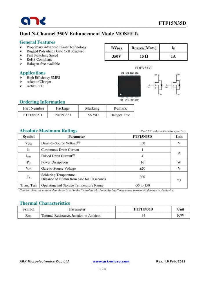 FTF15N35D datasheet page 1