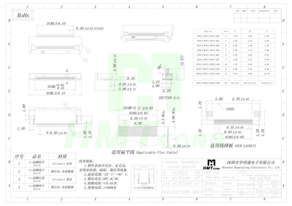 HMTCONN FPC0.5-WFX11-8P211-H20 technical drawing page 1