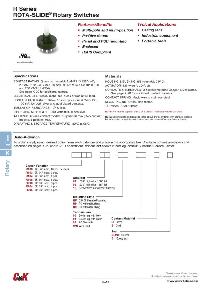 C&K R Series rotary switch technical document page 1