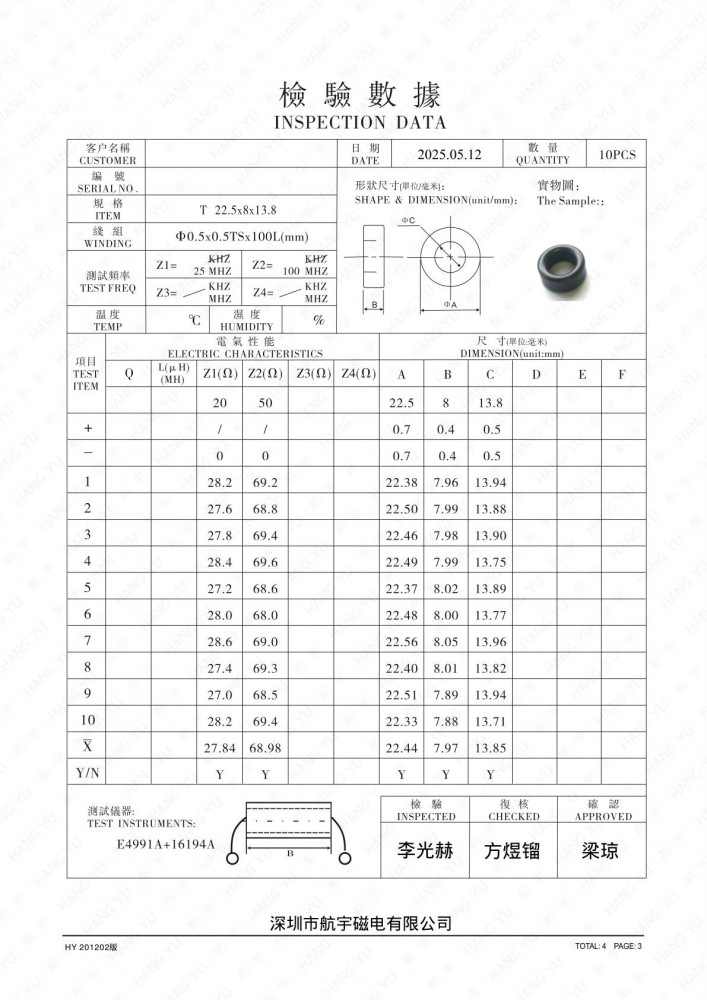 T22.5*8*13.8 inspection data page
