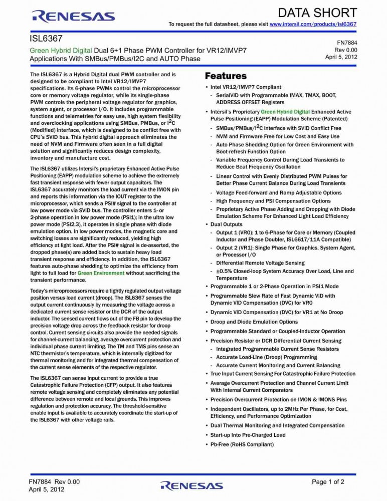 ISL6367CRZ-TK technical document page 1