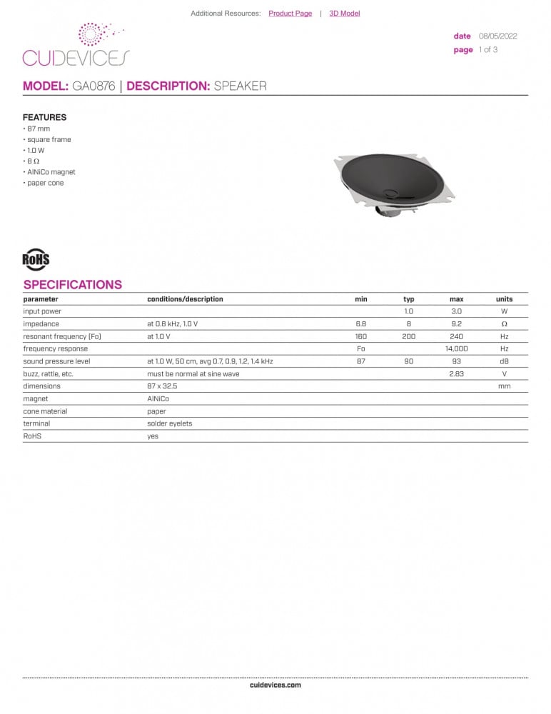GA0876 technical datasheet page 1
