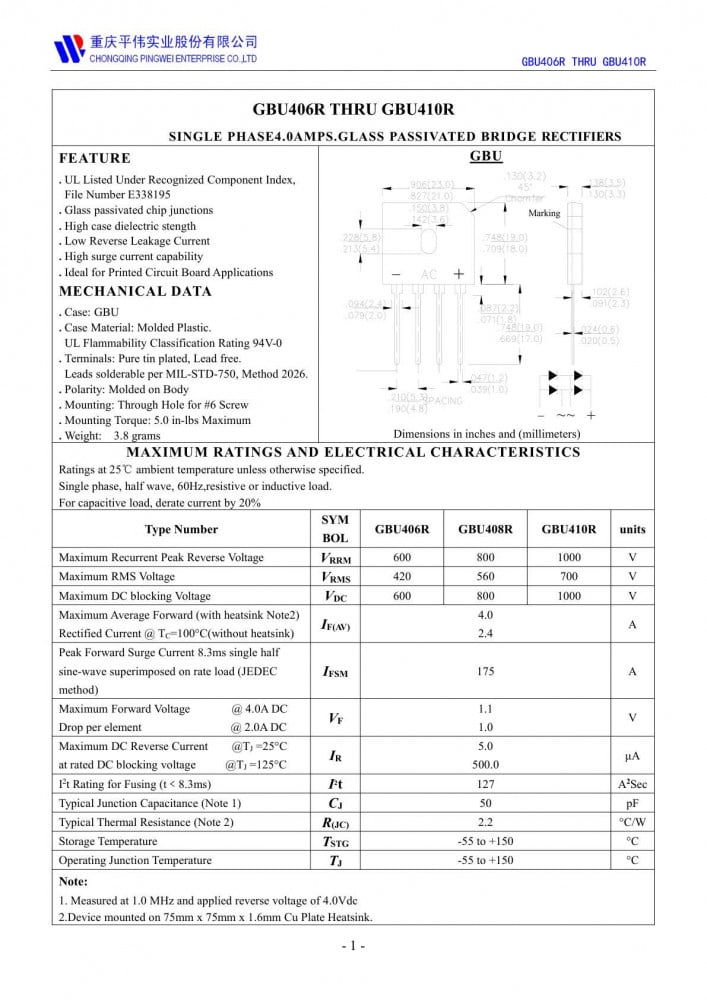 GBU410R datasheet page 1