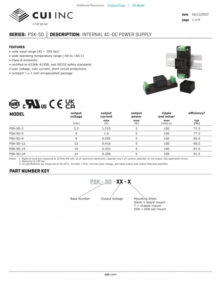 CUI PSK-5D datasheet page 1