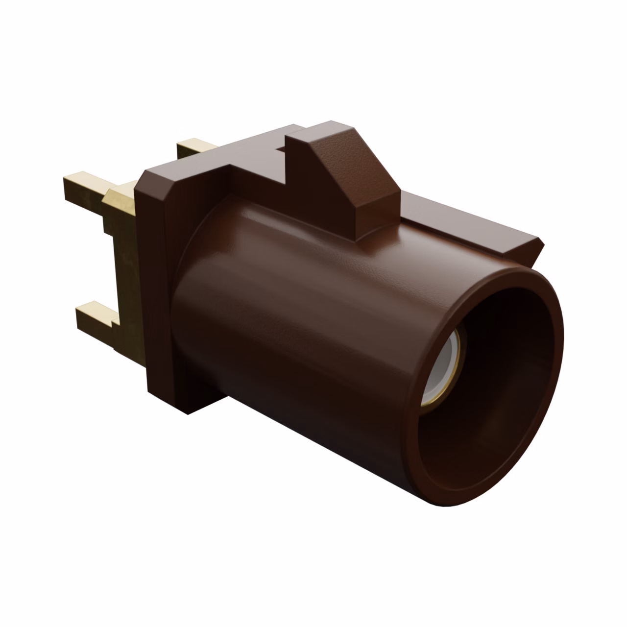 FAKRA Jack, Straight, PCB Receptacle, Through Hole, Brass Body, Gold (Au) Plated, Keying Code F, Brown, 50 Ohms for sale