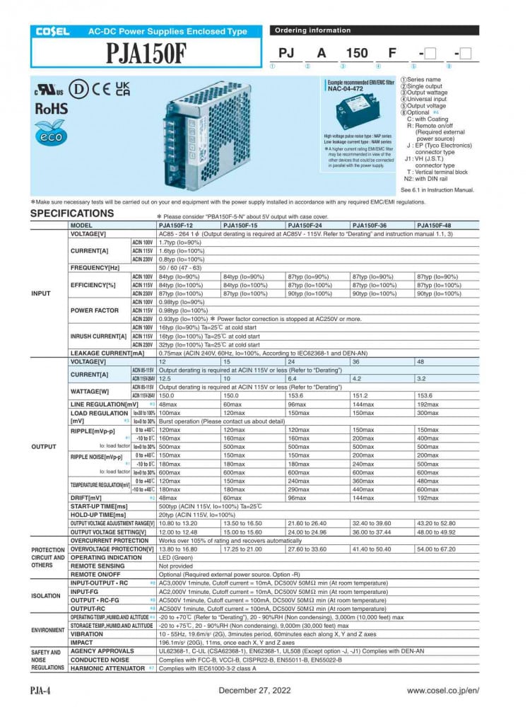 Cosel PJA series datasheet page 4