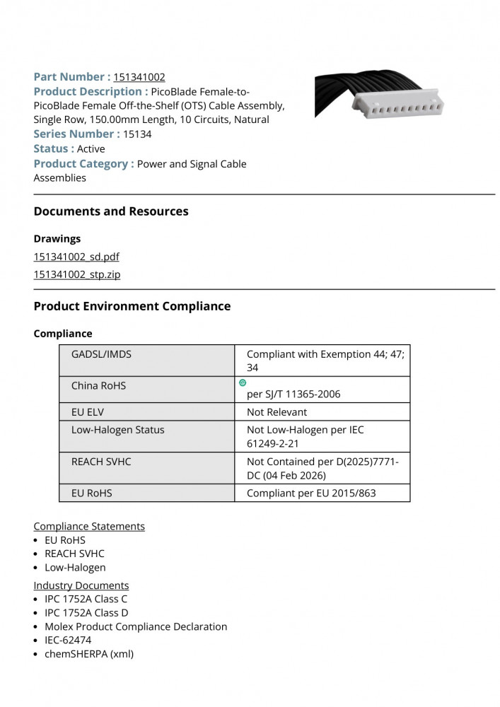 Molex 151341002 technical drawing page 1