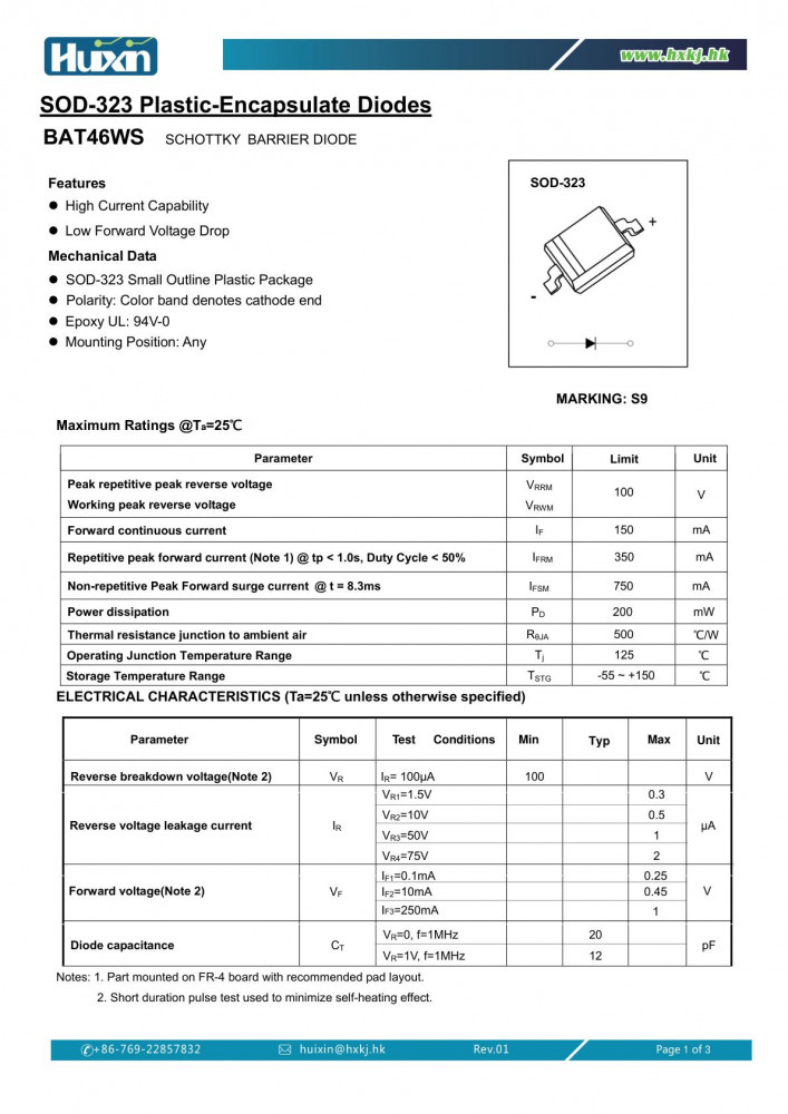 BAT46WS datasheet page 1