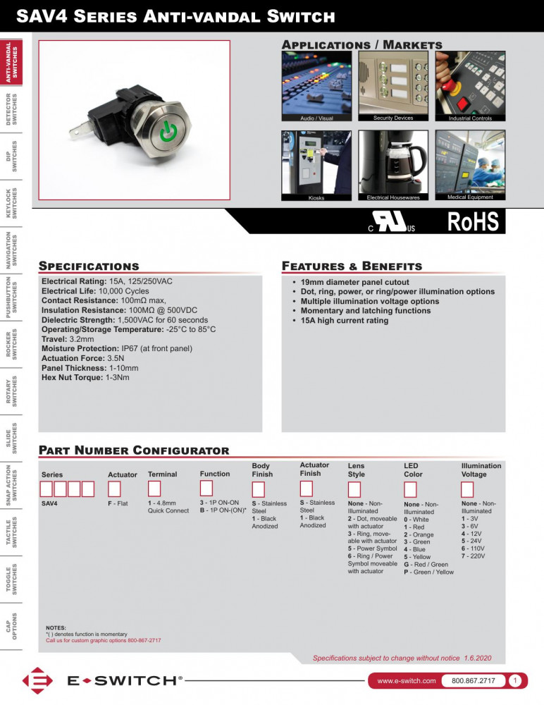 E-Switch SAV4 series datasheet page 1