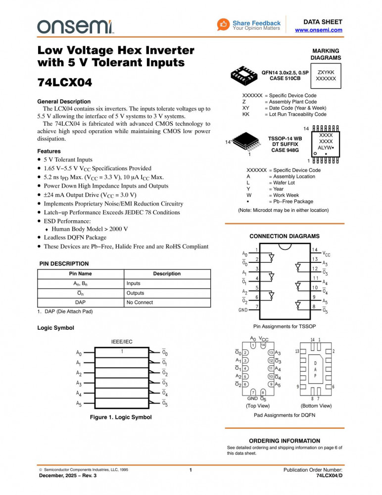 74LCX04 datasheet page 1
