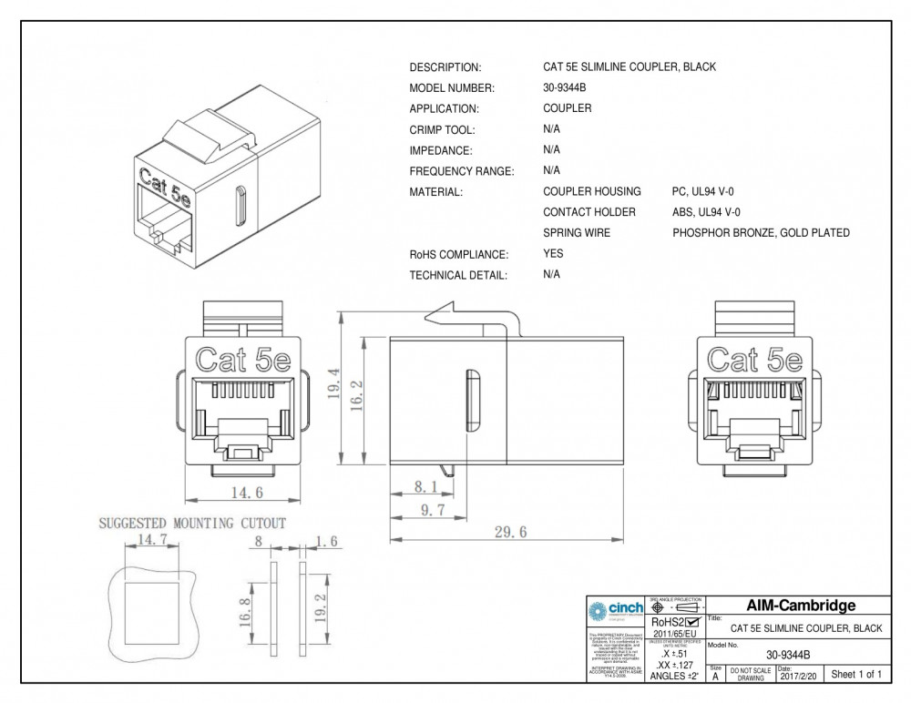 Bel Fuse 30-9344B CAT 5E slimline coupler drawing