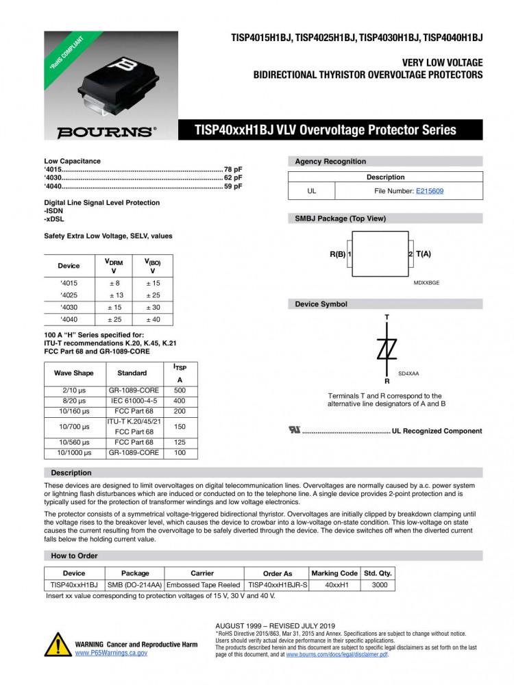 TISP4040H1BJR-S datasheet page 1