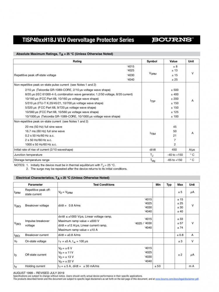 TISP4040H1BJR-S datasheet page 2