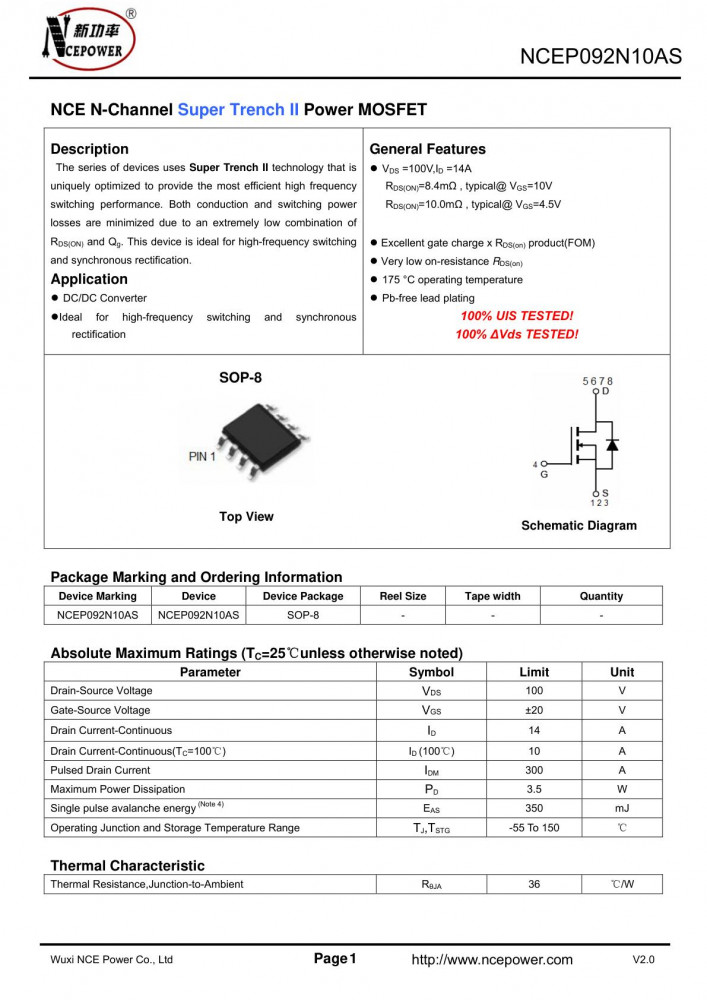 NCEP092N10AS datasheet page 1
