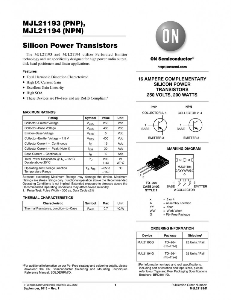 MJL21194G datasheet page 1